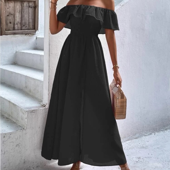 SHEIN | Dresses | Shein Xs 2 Black Off Shoulder Ruffle Trim Split Thigh ...